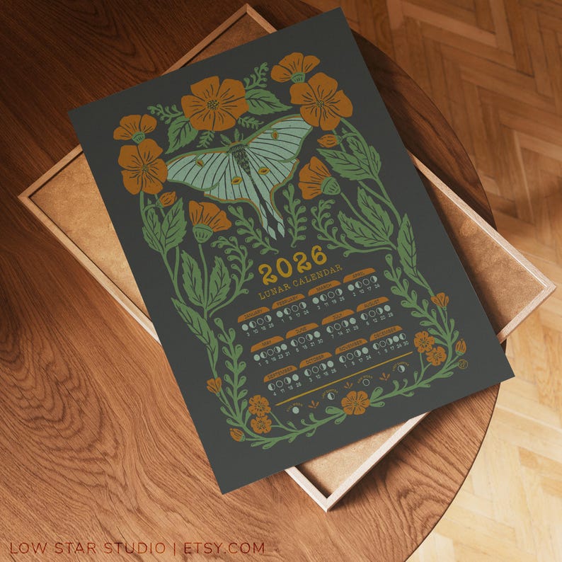 Luna Moth 2026 Lunar Calendar • Vintage Botanical Moon Phase Art • Boho ...