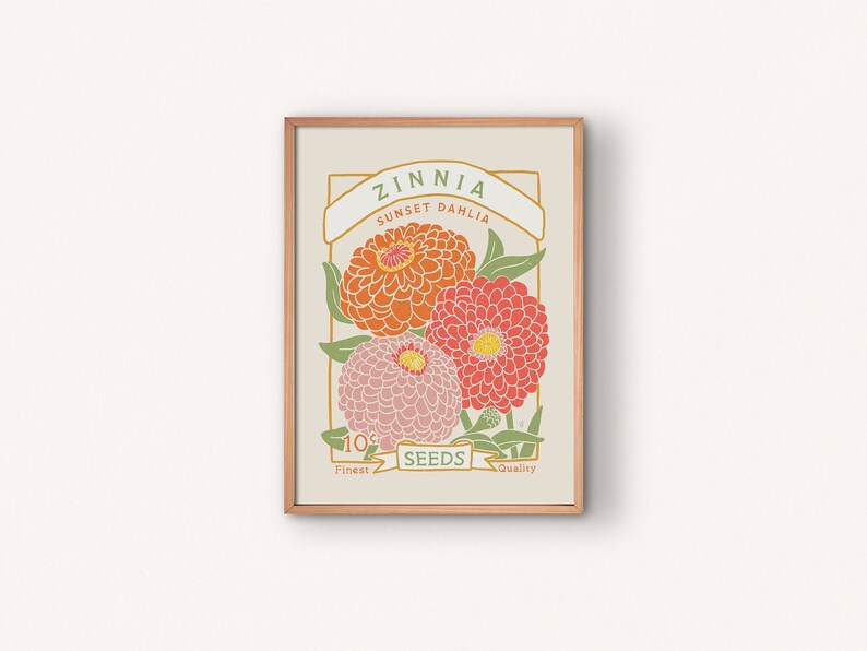 Zinnia Seed Packet Art Print : Vintage Style Floral Poster - Etsy