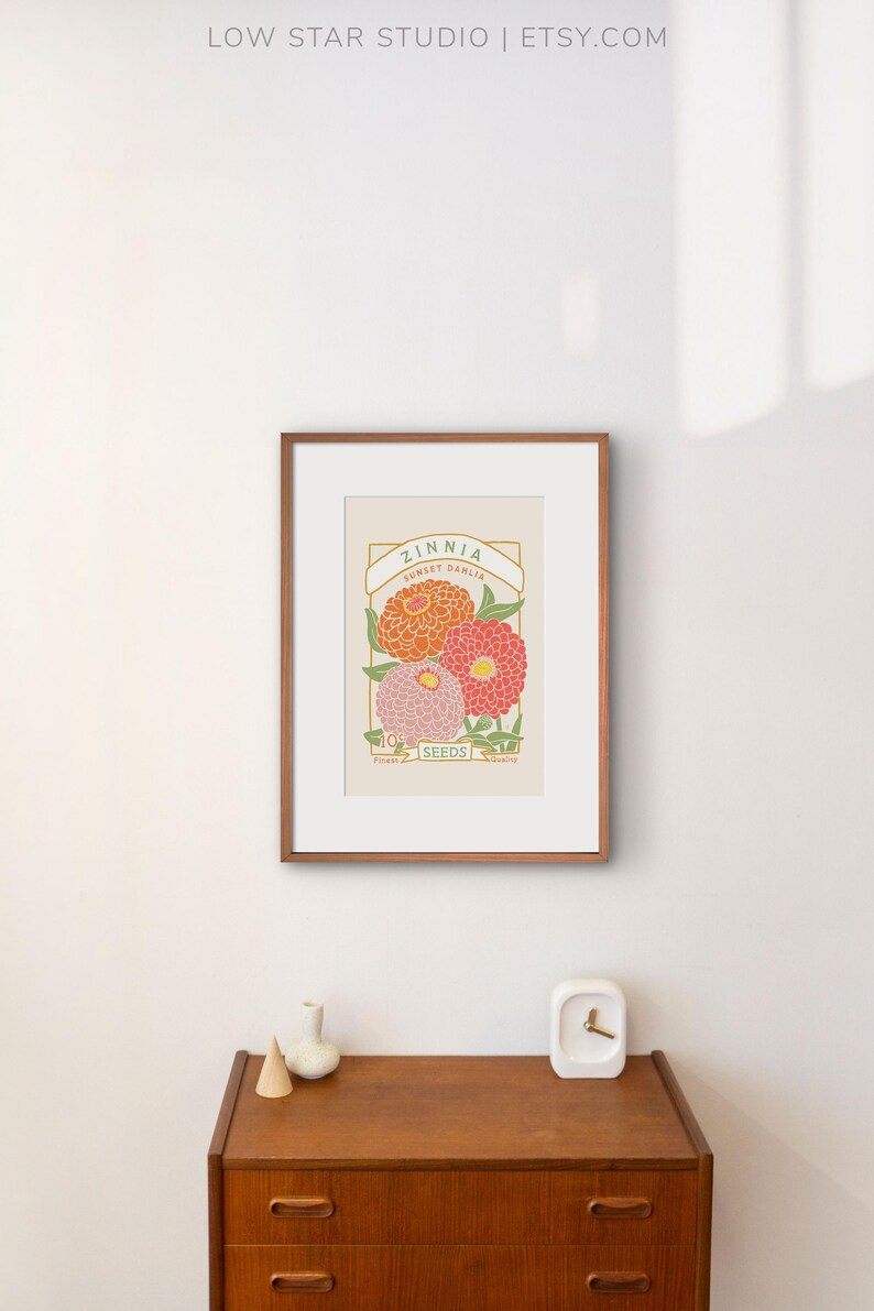 Zinnia Flower Wall Art Print - Vintage Botanical Illustration ...