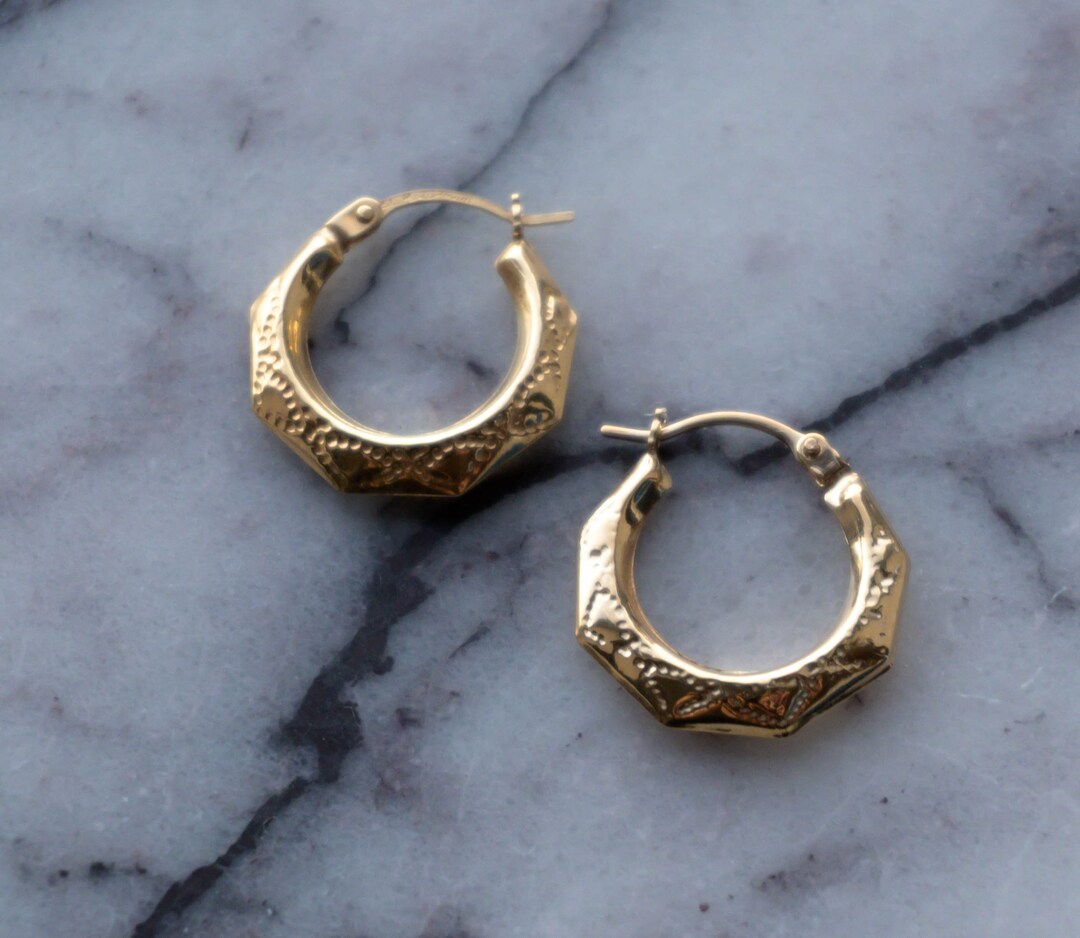 Gold Creoles 16mm Solid Gold Diamond Cut Earrings Minimalist Everyday ...