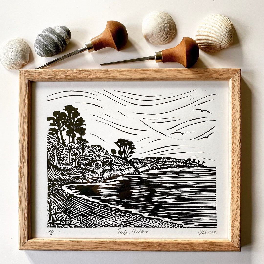 Grebe Beach. 8 X 10 Original Linocut Print. Black and White. From an ...