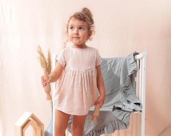 Girls Muslin, Short Sleeve Dress Beige ,with Ruffles, Beige Dress, Girl ...
