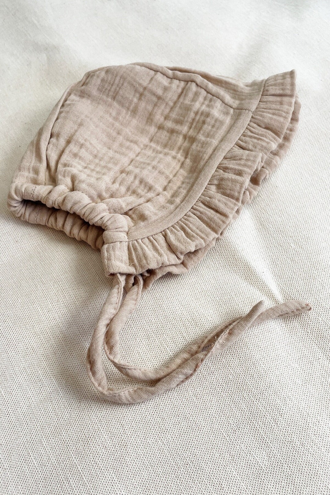 Beige Baby Bonnet With Ruffle Brim Double Gauze Hat With - Etsy