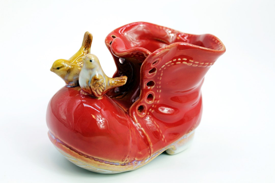 Red Ceramic Shoe Planter: Whimsical Garden Vase With Birds - Etsy