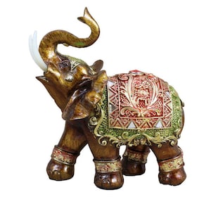 Elephant Figurine Browne Green Statue Trunk up Animal Home Decor ...