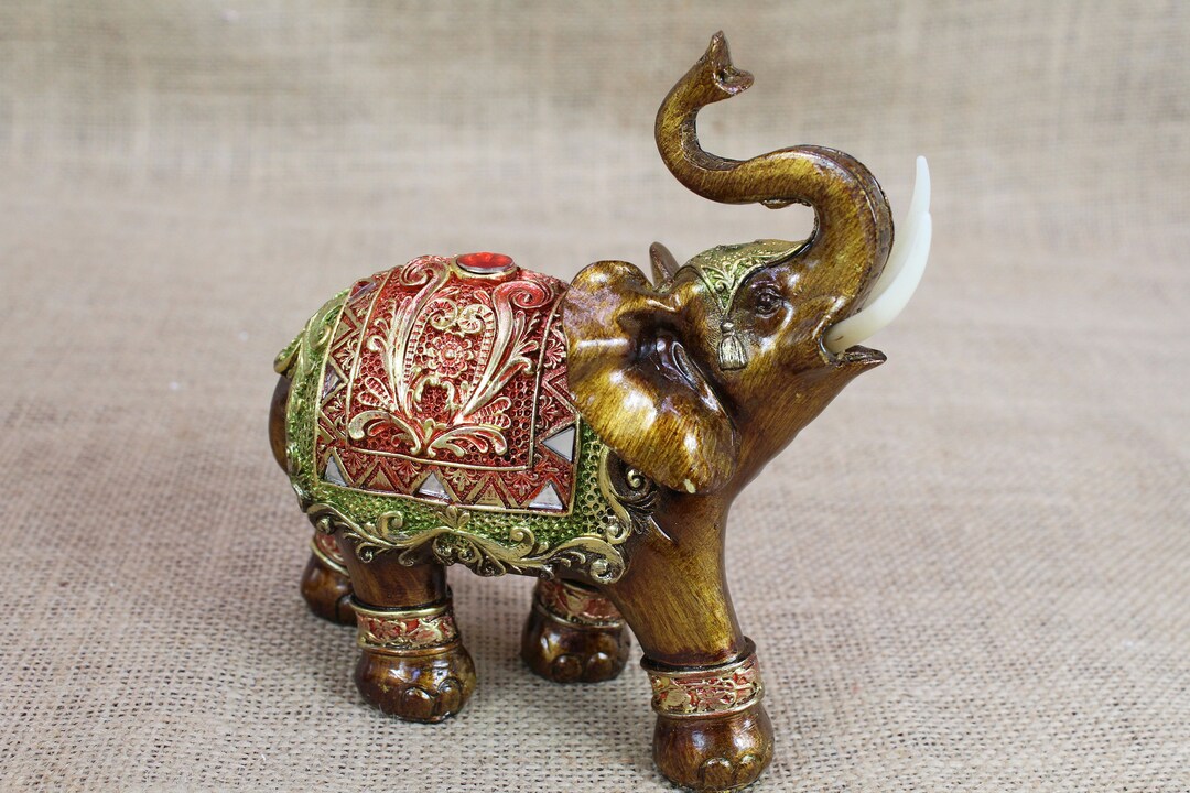Elephant Figurine Browne Green Statue Trunk up Animal Home Decor ...