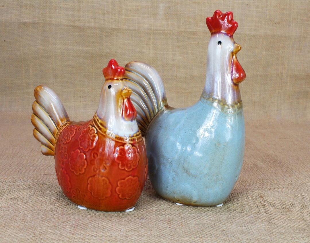 Chicken Figurine Set Farm Statue Rooste Farm Blue /red Ceramic - Etsy