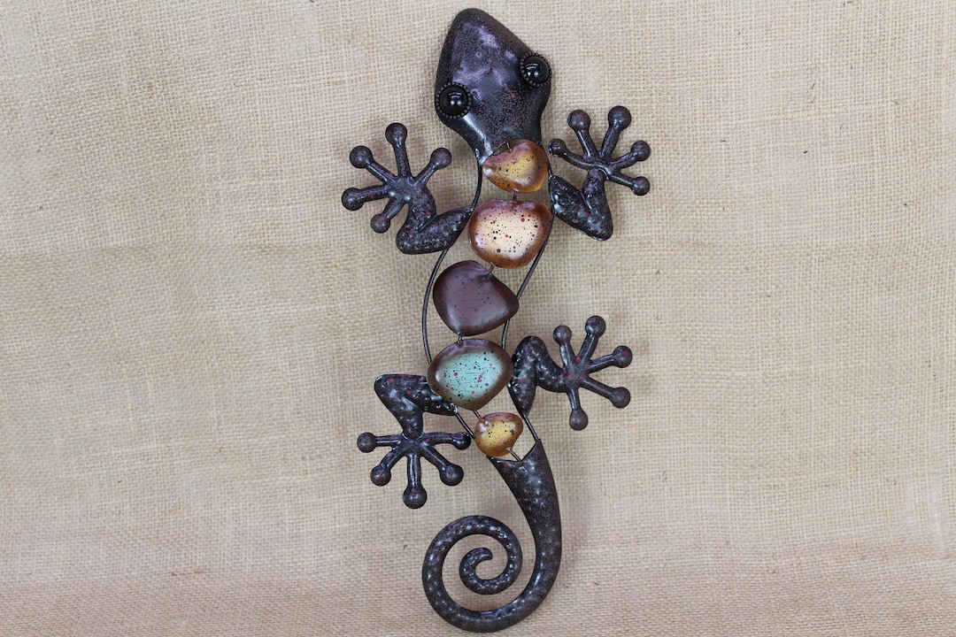 Lizard Gecko Sculpture Wall Art Statue Reptile Figurine Rustic Brown Metal Iguana Home Decor ...