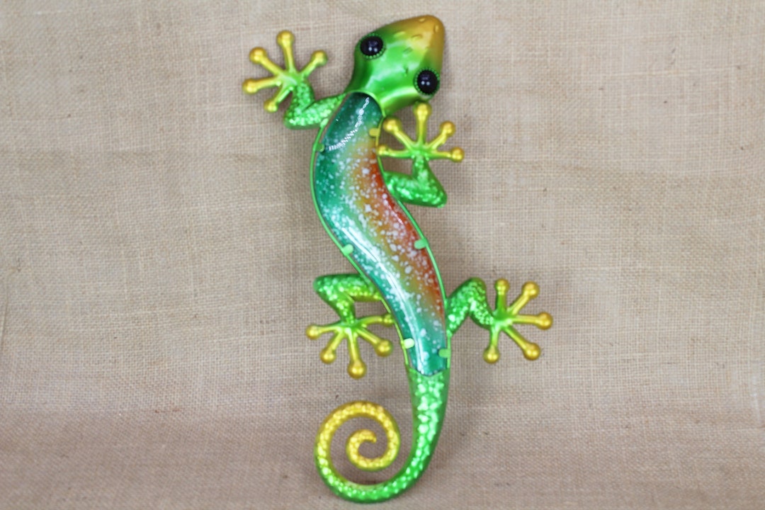 Gecko Lizard Sculpture Wall Art Statue Reptile Figurine Green Metal ...