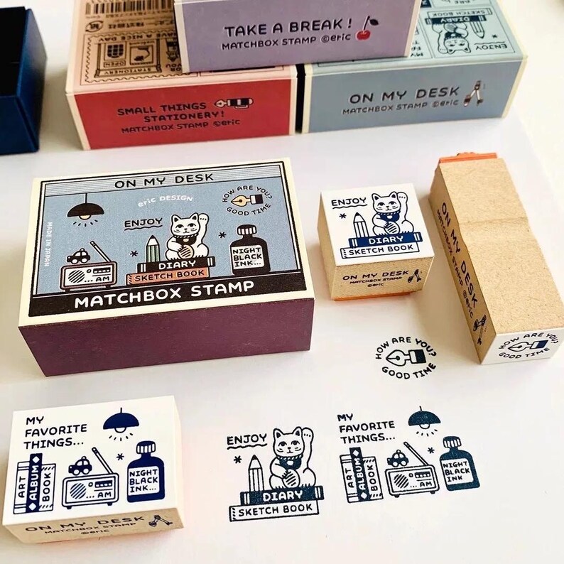 Japanese Cartoon Matchbox Rubber Stamp Set: Cat & Coffee Shop Designs ...
