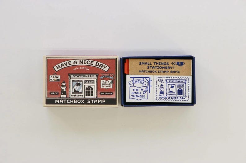 Japanese Cartoon Matchbox Rubber Stamp Set: Cat & Coffee Shop Designs ...