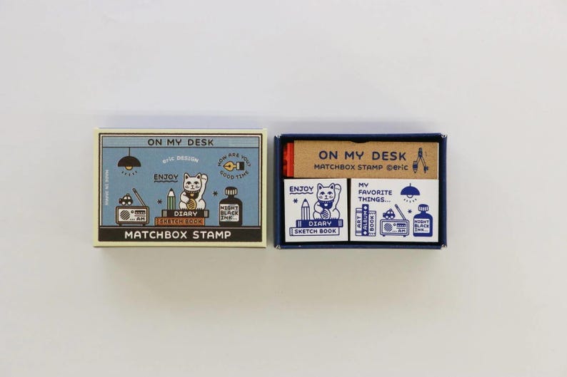 Japanese Cartoon Matchbox Rubber Stamp Set: Cat & Coffee Shop Designs ...