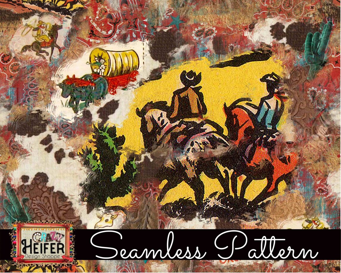 Seamless Pattern Vintage Retro Western Cowboy Cowgirl Background Fabric ...