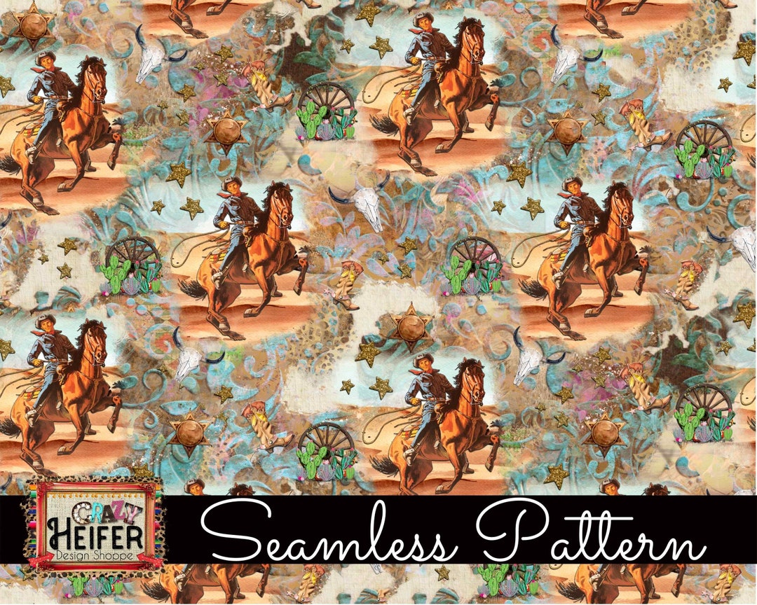 Seamless Pattern Vintage Retro Western Southwestern Cowboy Cowgirl ...