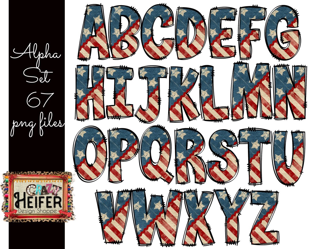 Patriotic Rustic July 4th Letters Alphabet Doodle Alpha Set Dye ...