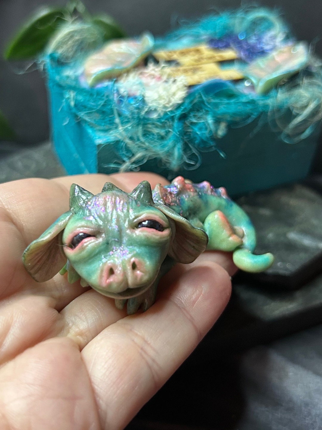 Baby Blue Magic Dragon With Its Nest, Fantasy Creature, Fimo Polymer ...