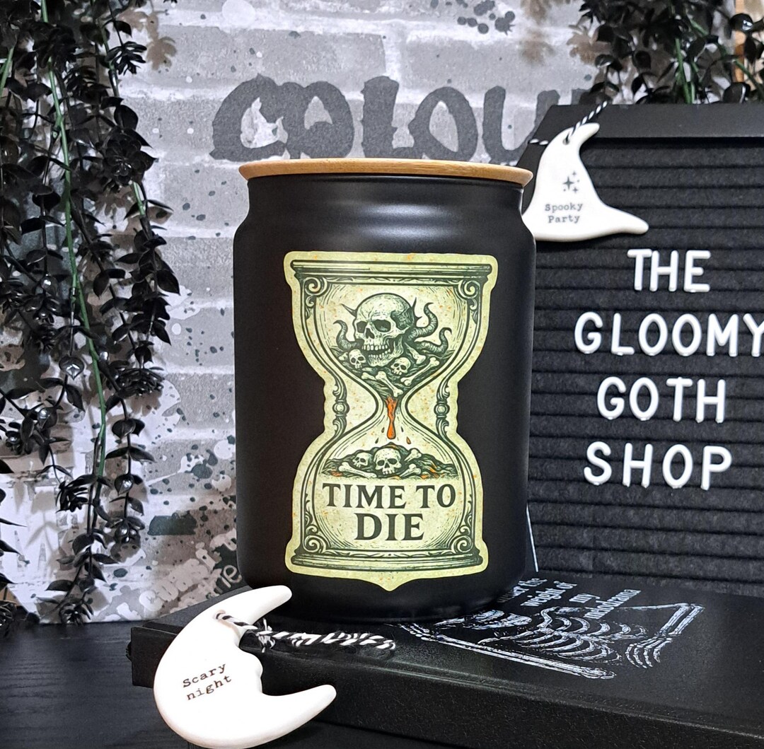 Black Glass Goth Jar With Skull Hourglass – ‘time to Die’ Canister ...