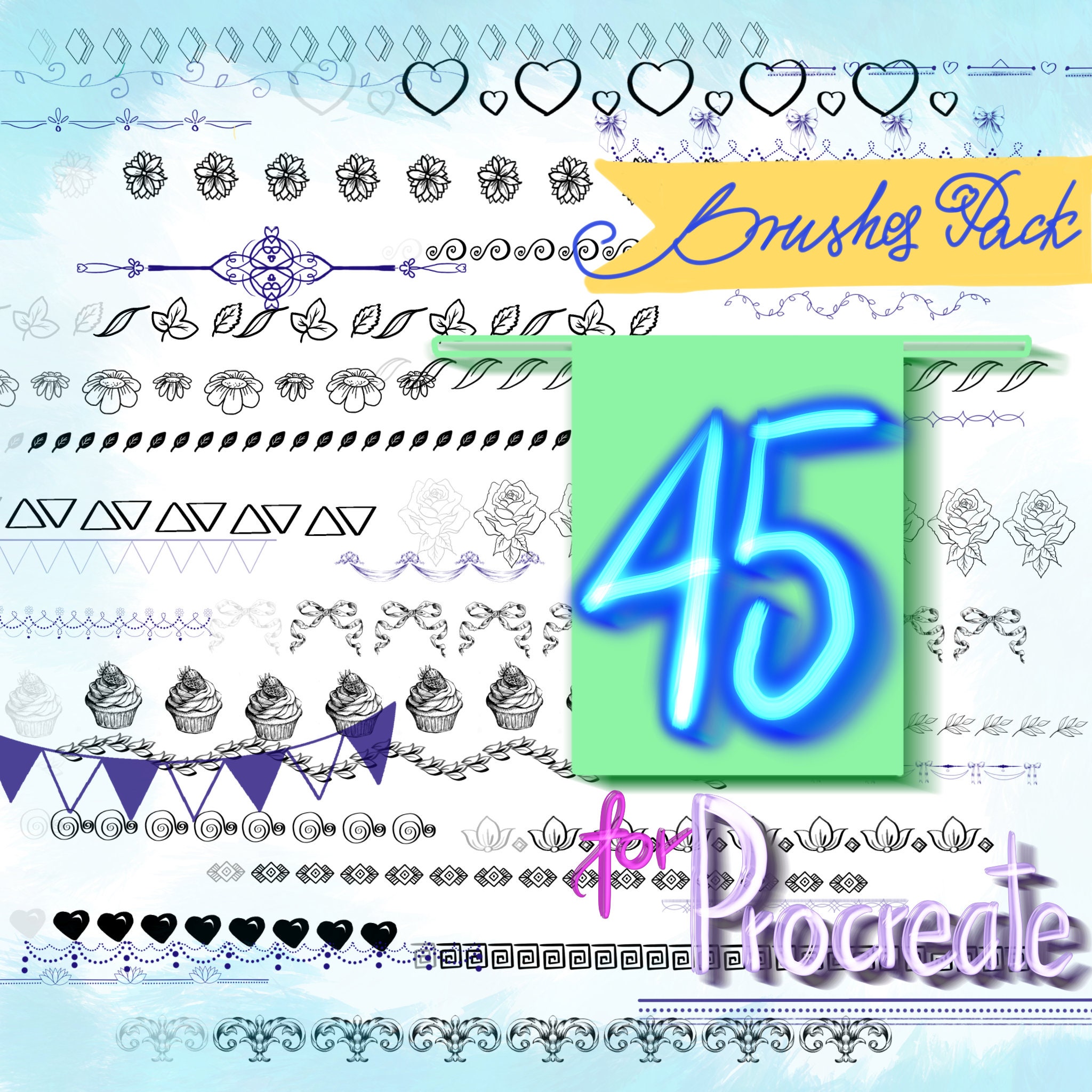 45 Procreate Brushes, Procreate Brushes Pack, Dividers, Vintage, Lines, Stamp, Borders, Pattern ...