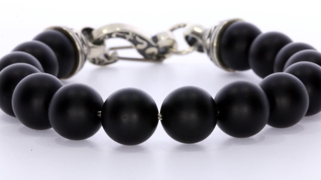 Matte Black Onyx Bead Bracelet on Steel Cable With Custom Silver Clasp ...