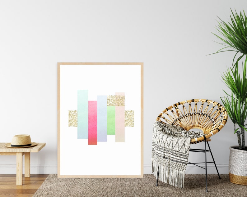 Colorful Geometric Art Print, Rectangle Modern Design With Gold Accents ...
