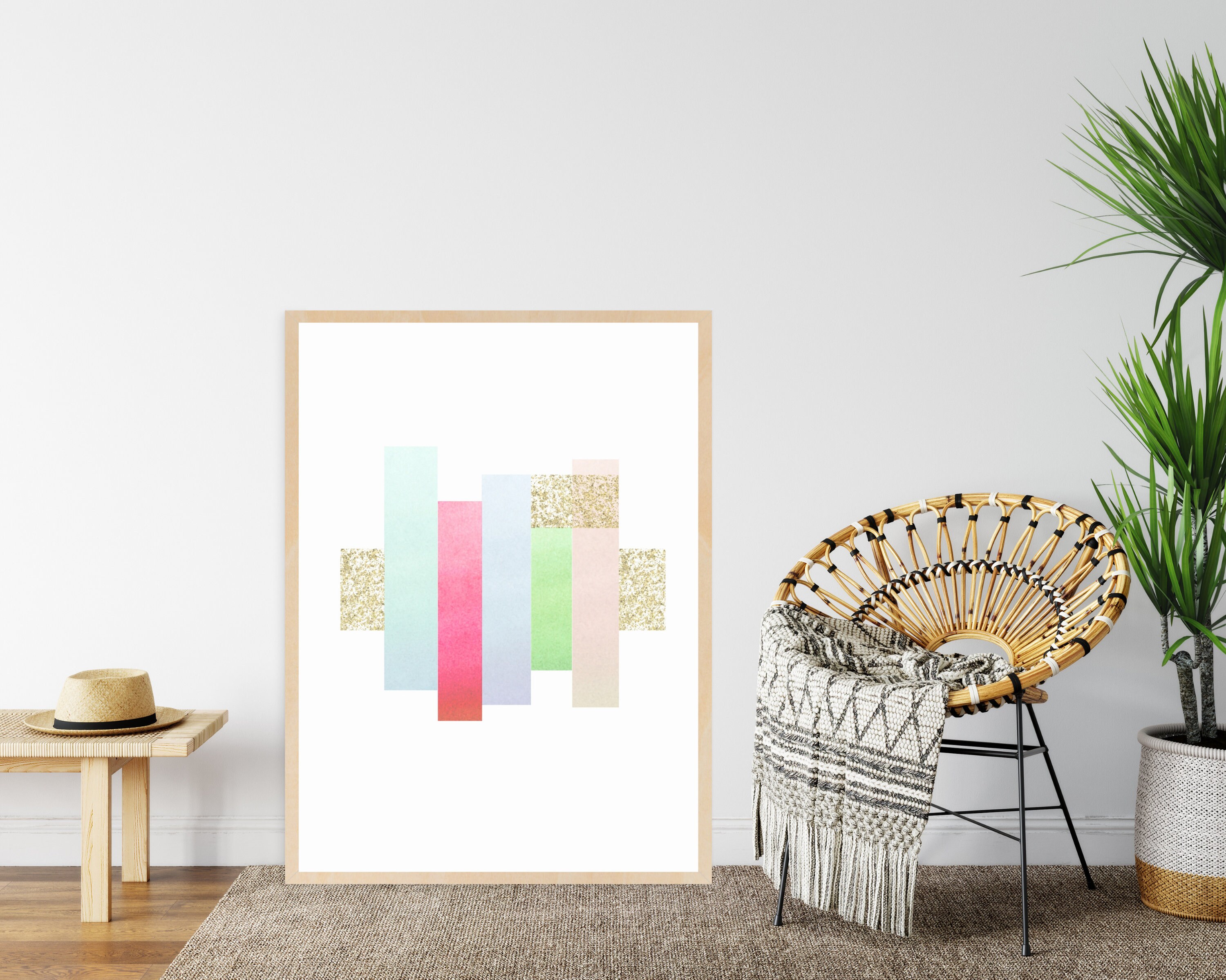 Colorful Geometric Art Print, Rectangle Modern Design With Gold Accents ...