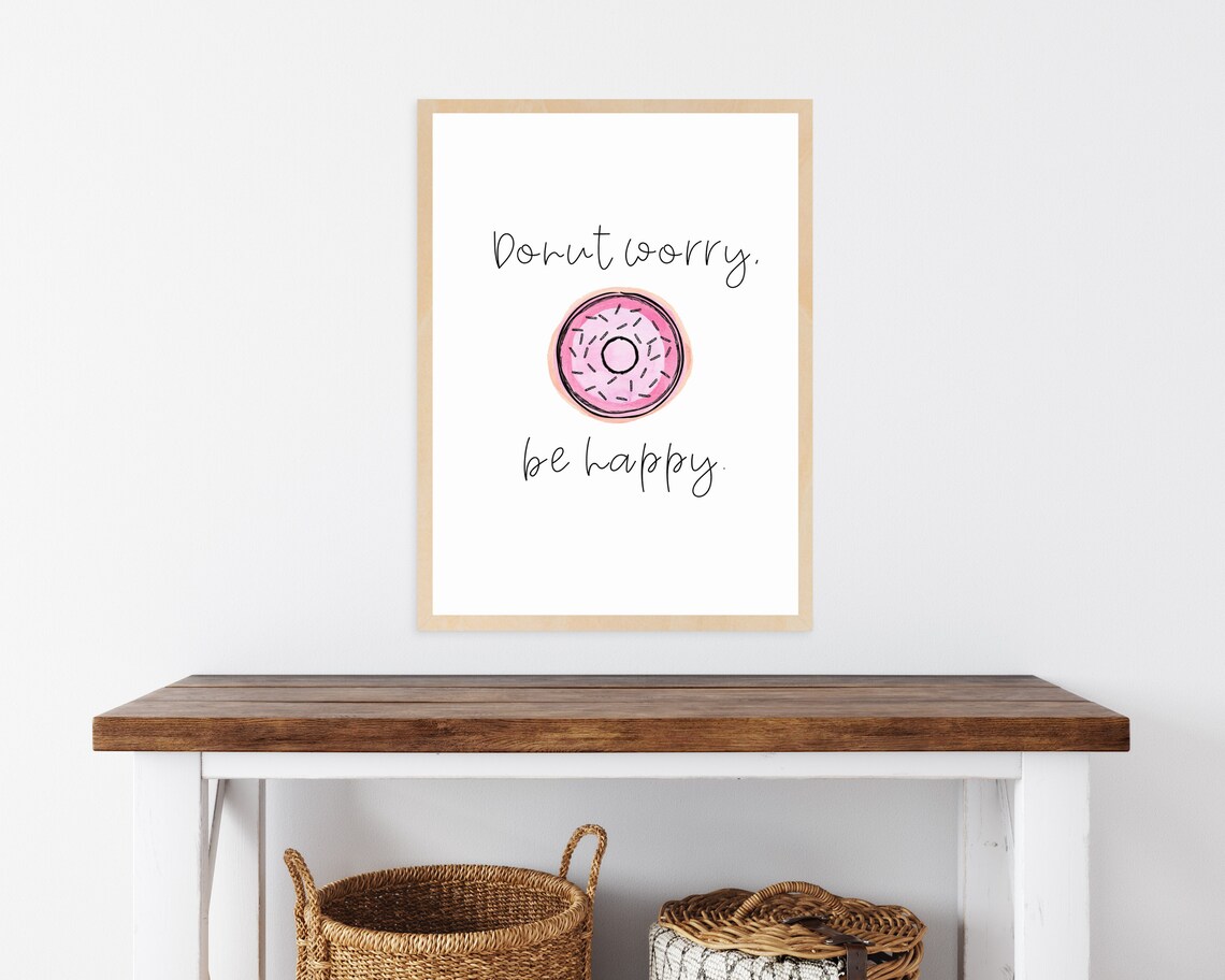 Donut Worry Be Happy Art Print Donut Wall Art in Pink and - Etsy