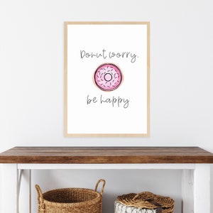Donut Worry, Be Happy Art Print, Donut Wall Art in Pink and Orange ...