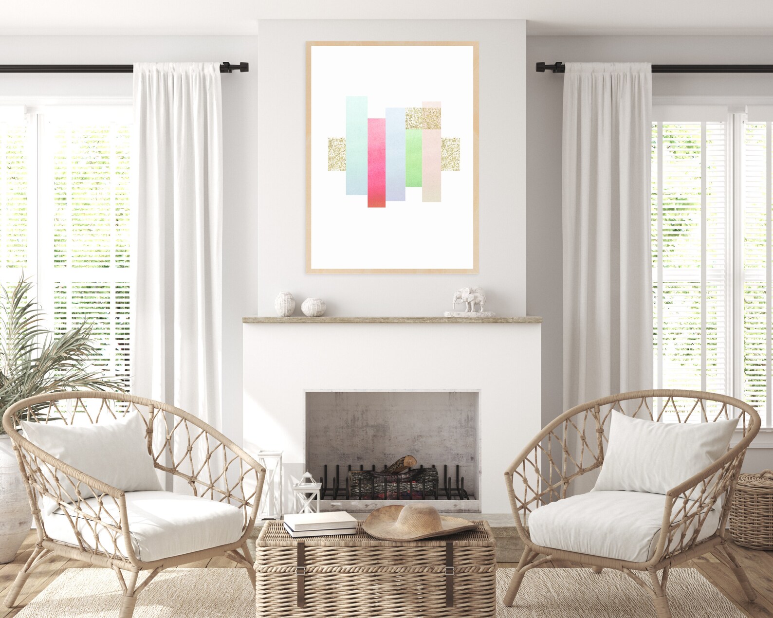Colorful Geometric Art Print, Rectangle Modern Design With Gold Accents ...