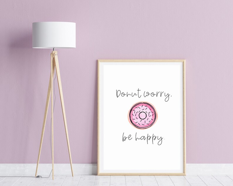 Donut Worry, Be Happy Art Print, Donut Wall Art in Pink and Orange ...