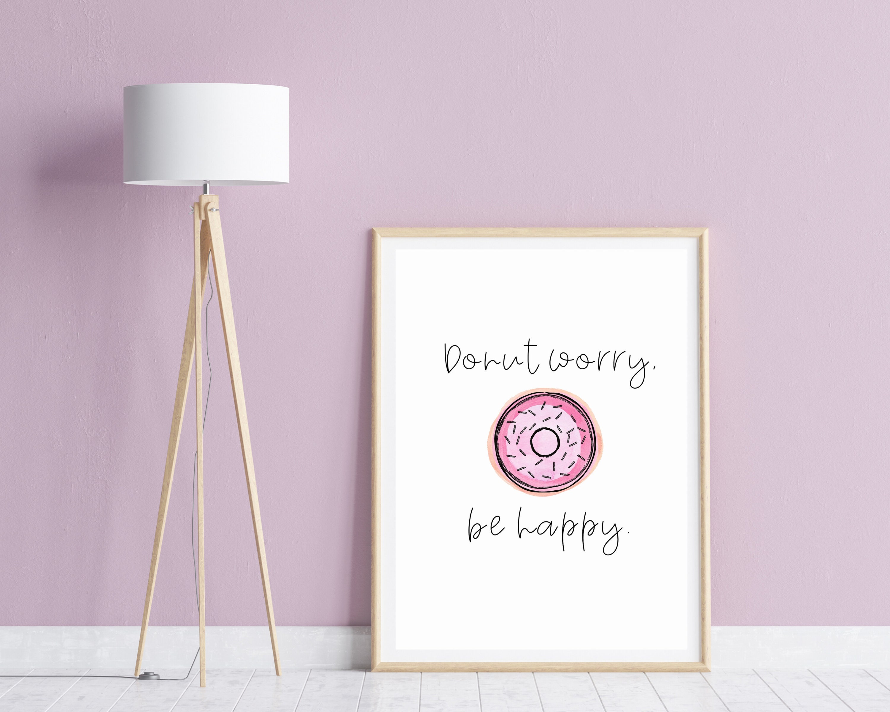 Donut Worry, Be Happy Art Print, Donut Wall Art in Pink and Orange ...