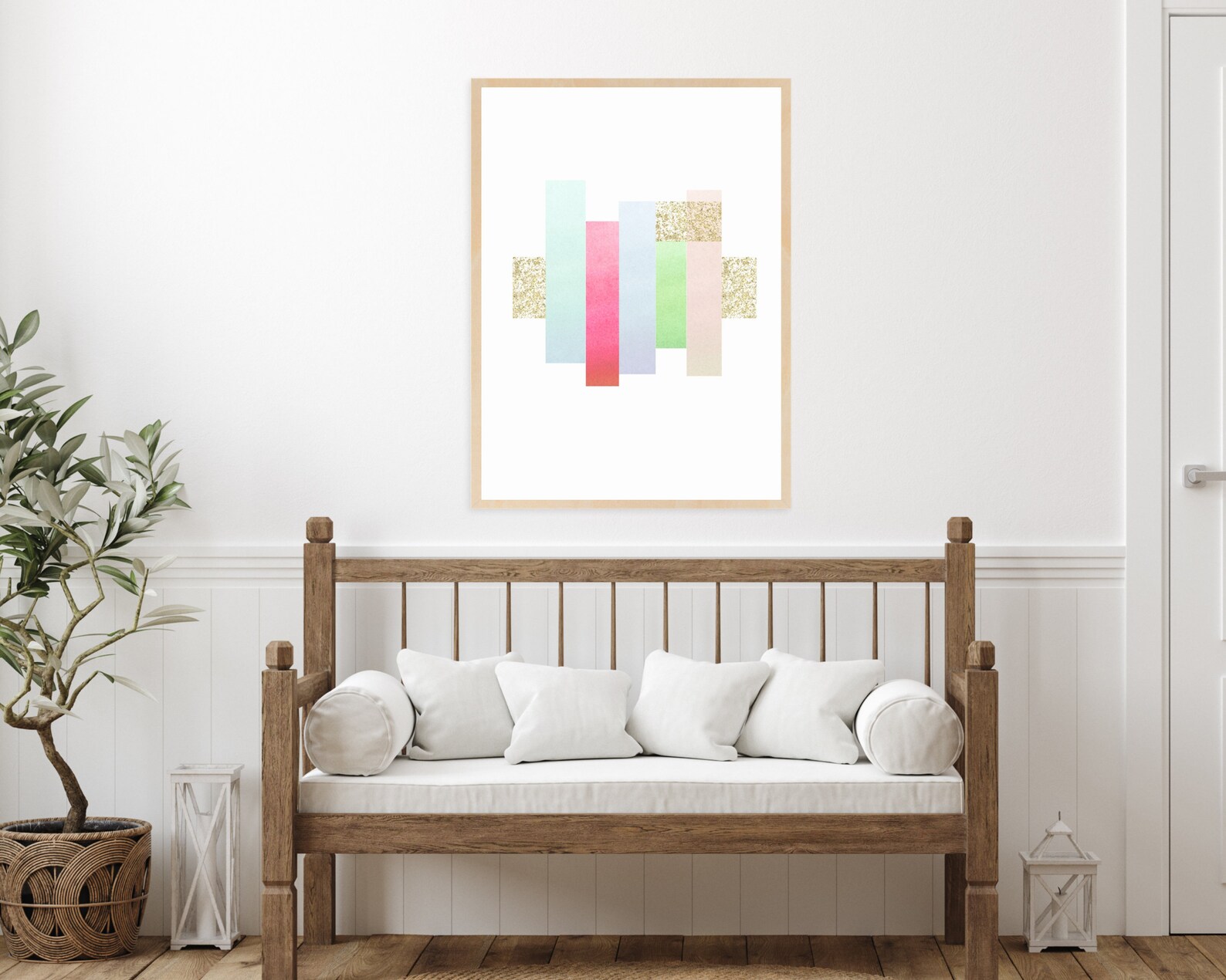 Colorful Geometric Art Print, Rectangle Modern Design With Gold Accents ...