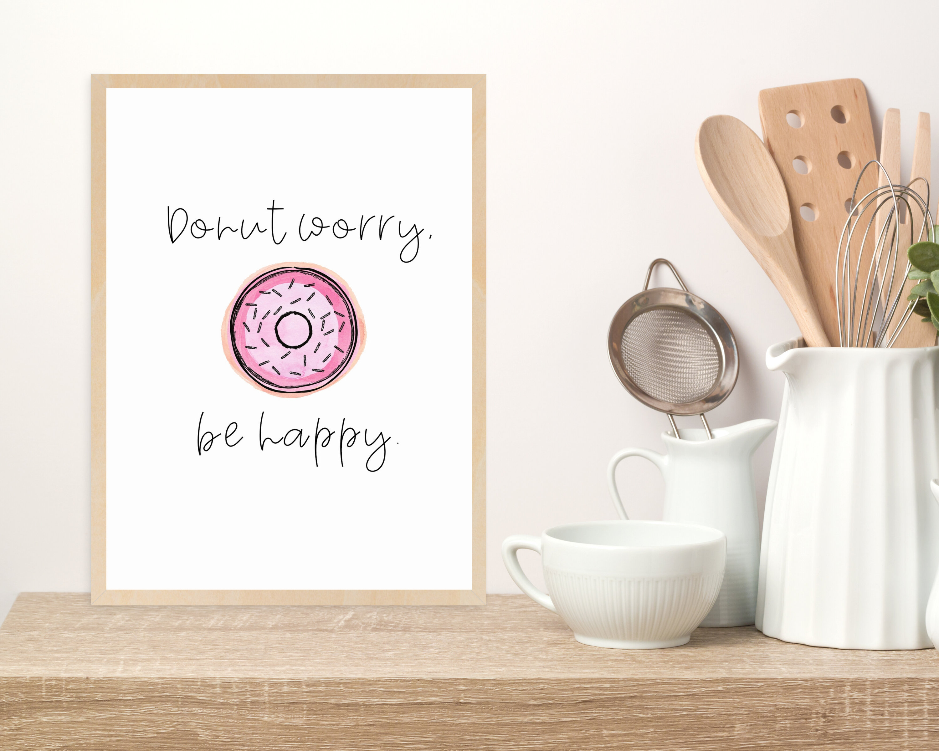 Donut Worry, Be Happy Art Print, Donut Wall Art in Pink and Orange ...