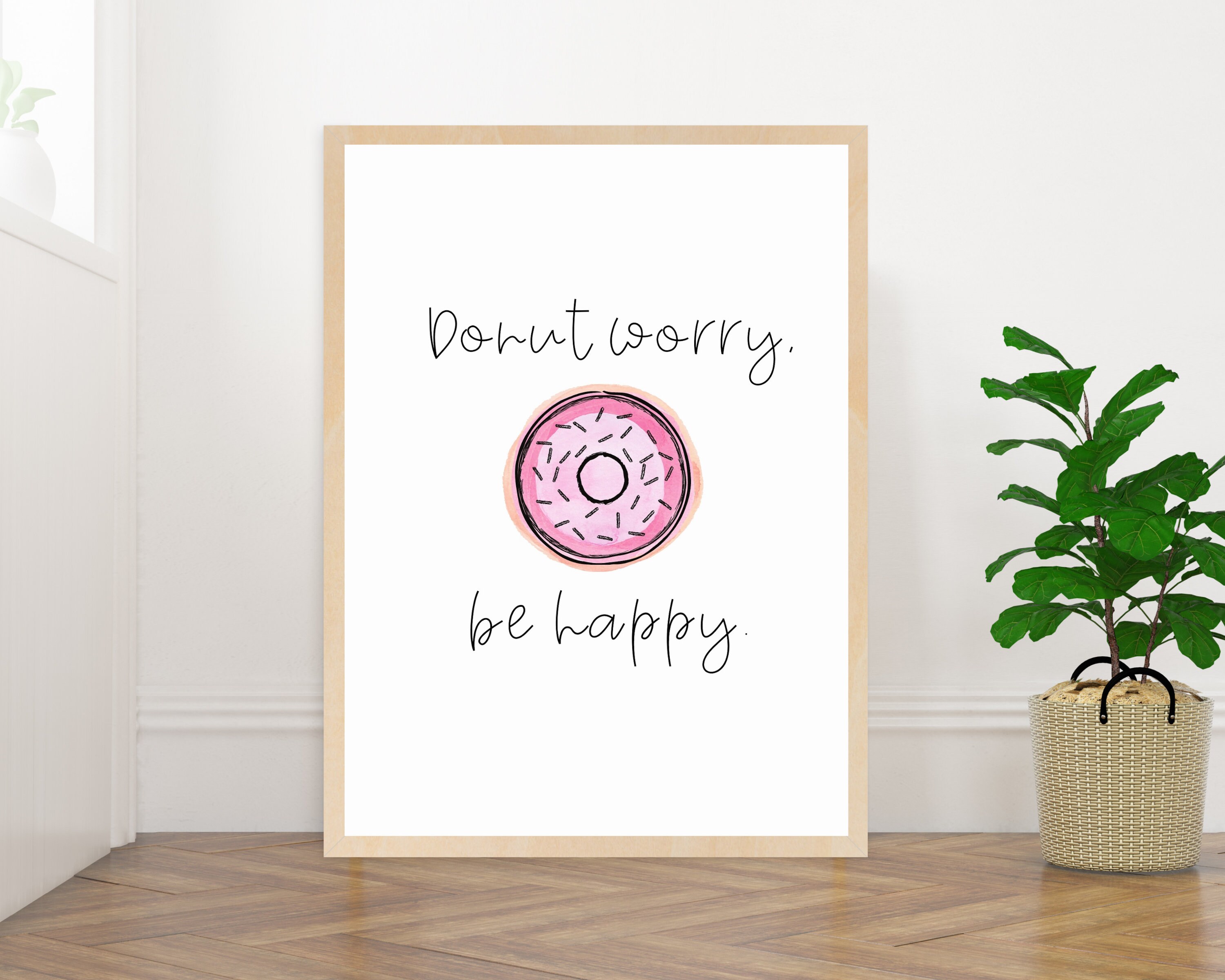 Donut Worry, Be Happy Art Print, Donut Wall Art in Pink and Orange ...