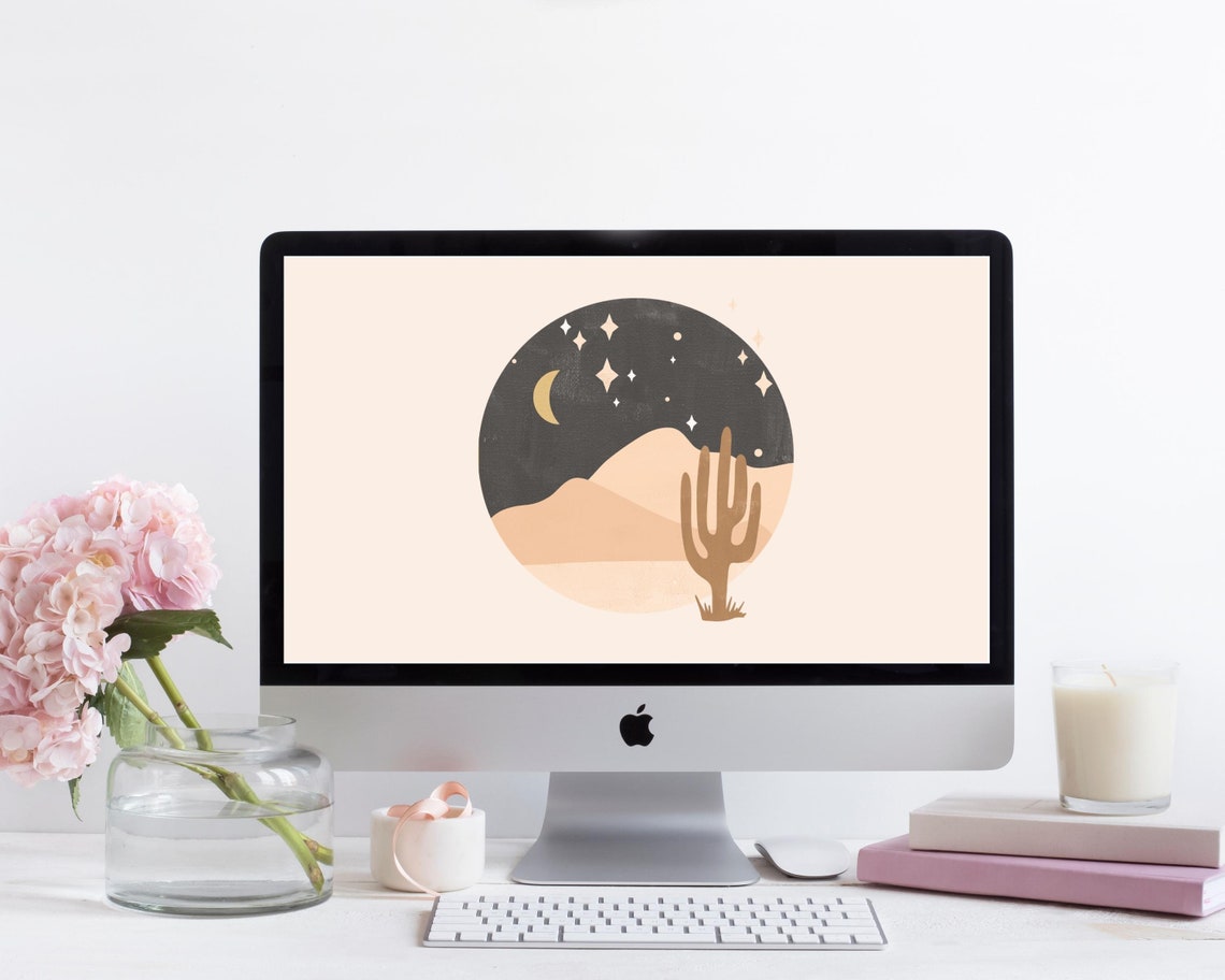 Boho Desert Scene Desktop Wallpaper, Beige Laptop Background, Product ...