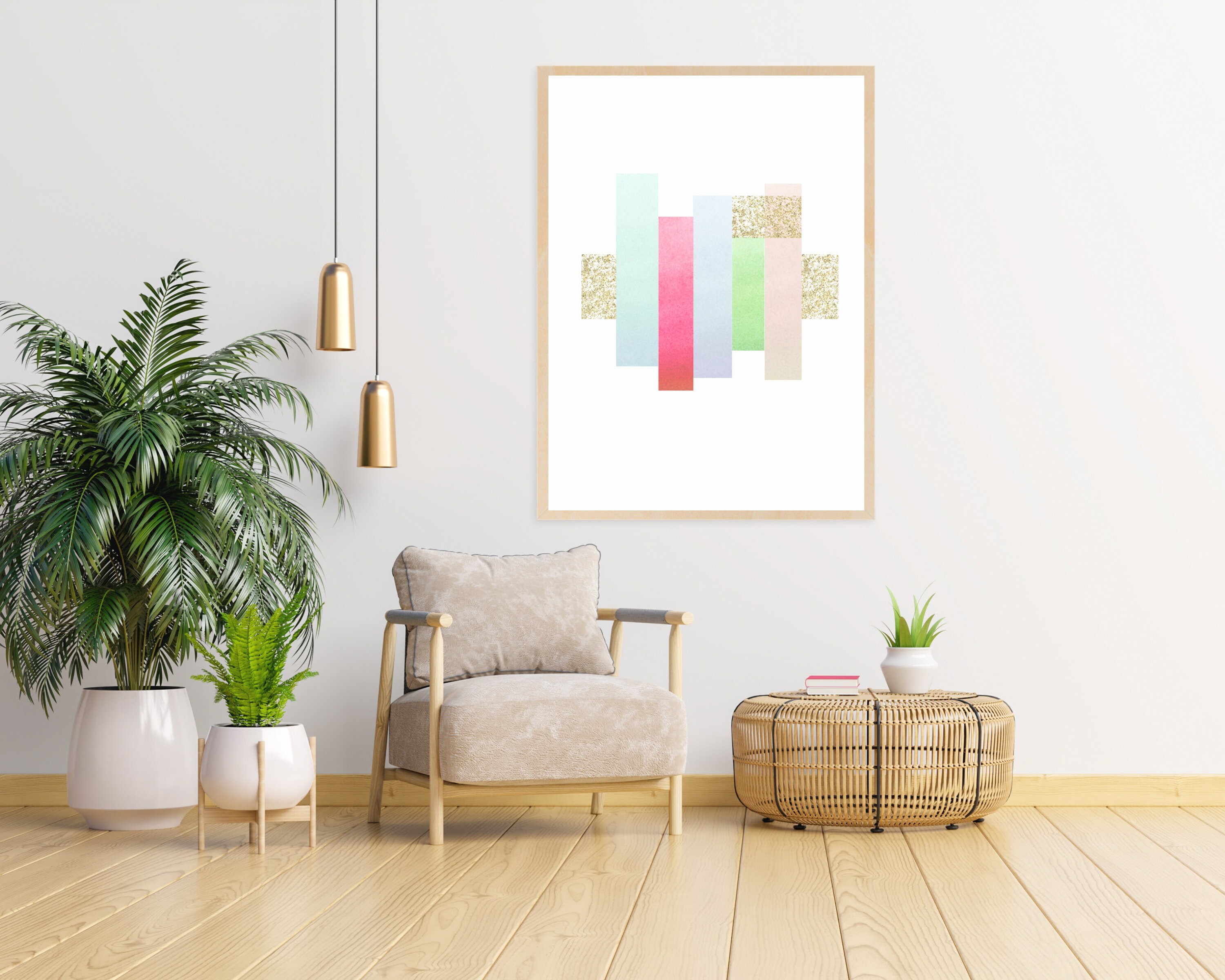 Colorful Geometric Art Print, Rectangle Modern Design With Gold Accents ...