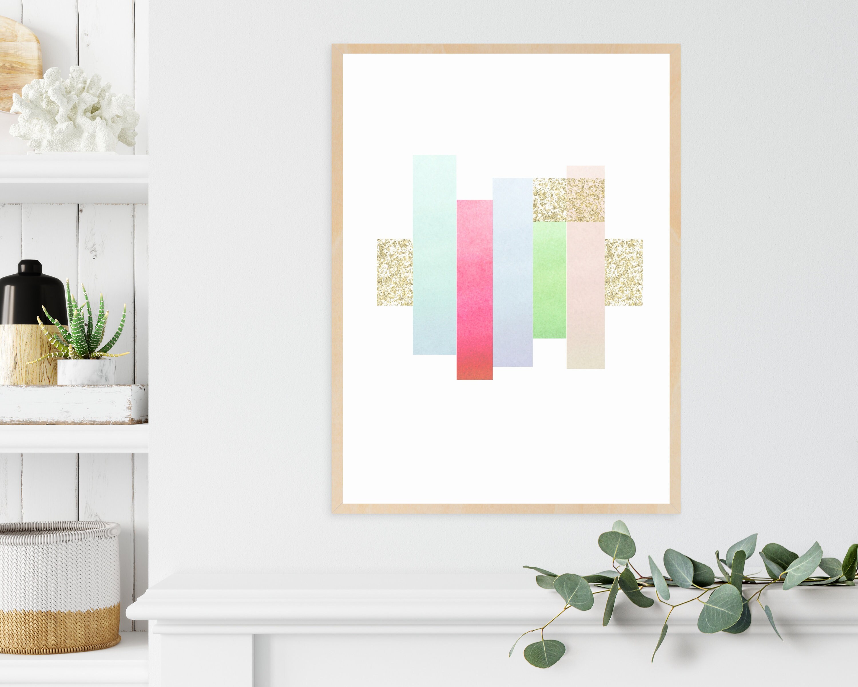 Colorful Geometric Art Print, Rectangle Modern Design With Gold Accents ...