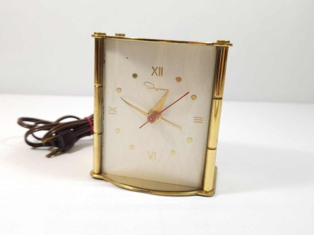 Vtg Ingraham 34-117 Electric Brass Mantel Desk Alarm Clock, Works, Made ...