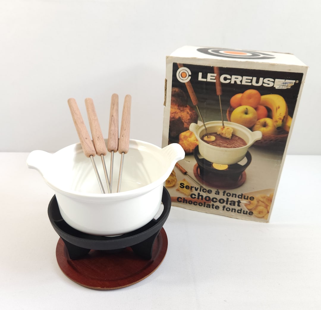 VTG White Le Creuset Chocolate Fondue Set Mini Cocotte Pot in Box, Used ...