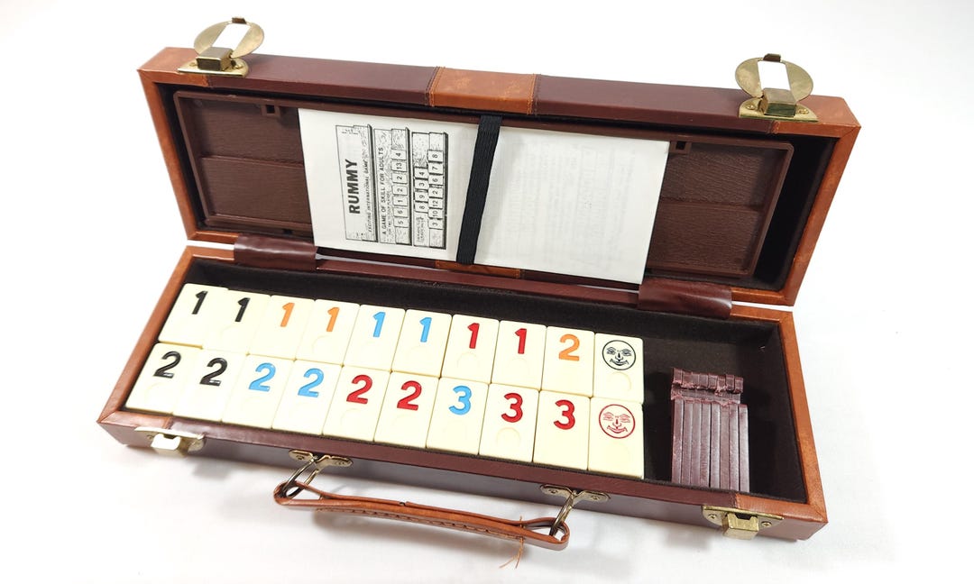Vintage Rummy Tile Game Faux Leather Brown Carrying Case With ...