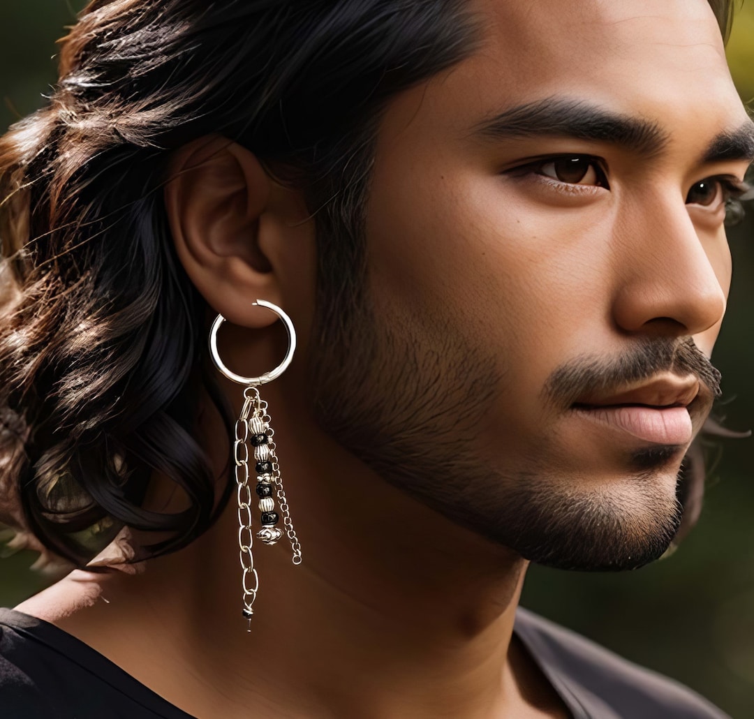 Boho Beaded Chain Dangle Earring for Men | Stainless Steel Hoop Drop ...
