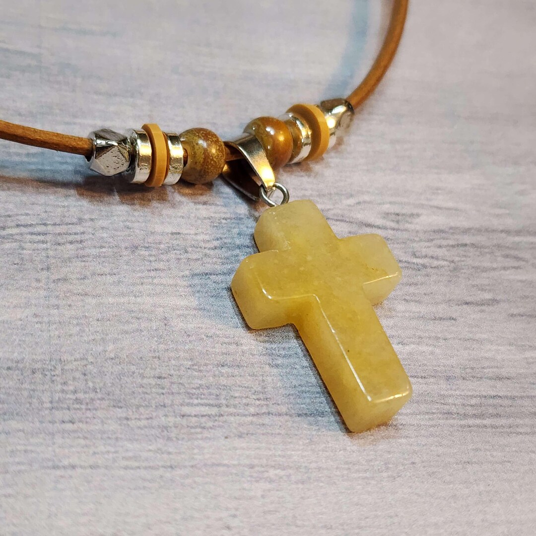 Honey Jade Stone Cross Necklace, Mens Pendant on Leather Necklace ...