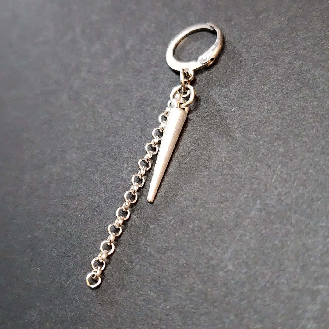 Mens Long Silver Chain Earring With Spike, Mens Dangle Earring ...