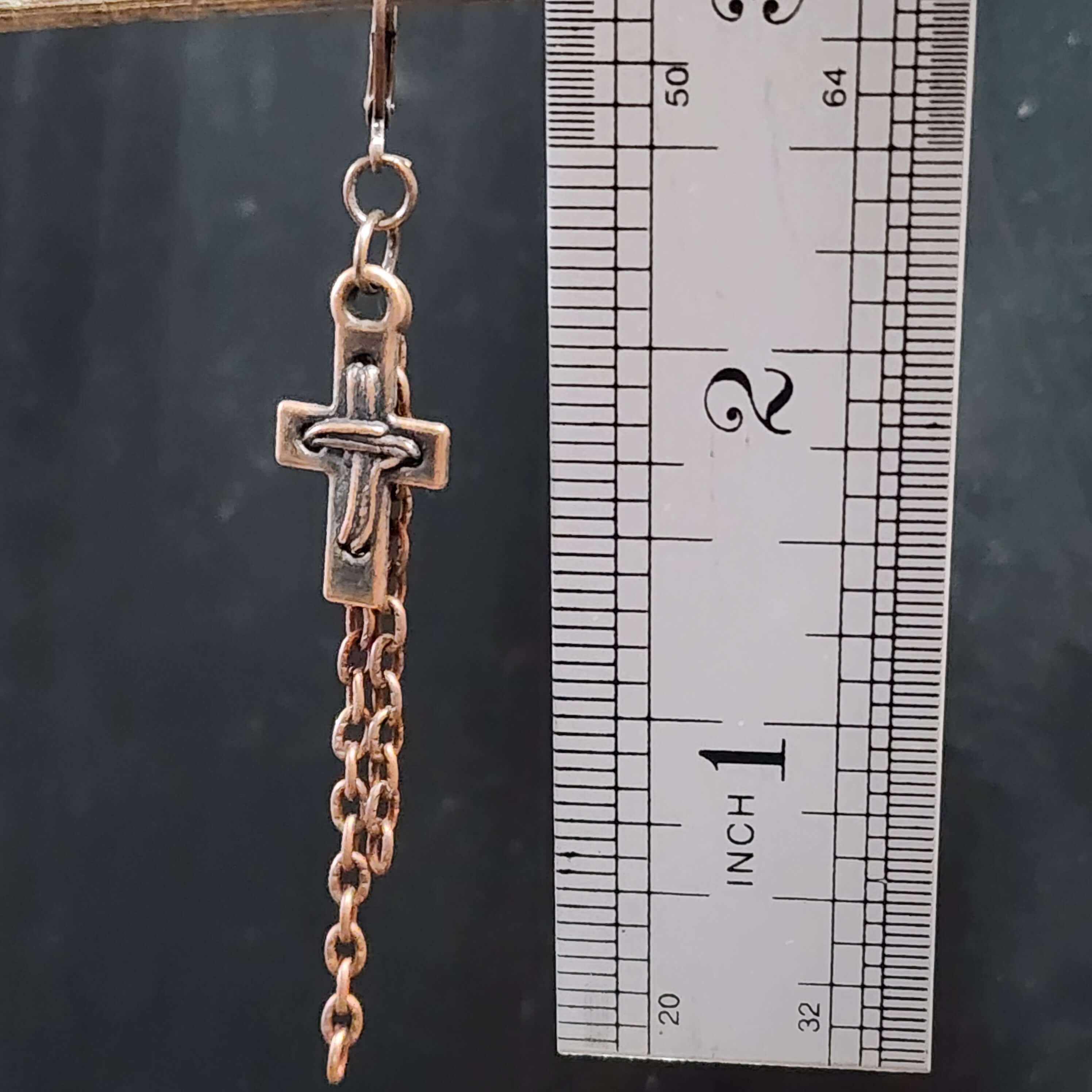Mens Long Copper Cross Earring With Chains, Mens Dangle Earring, Men ...
