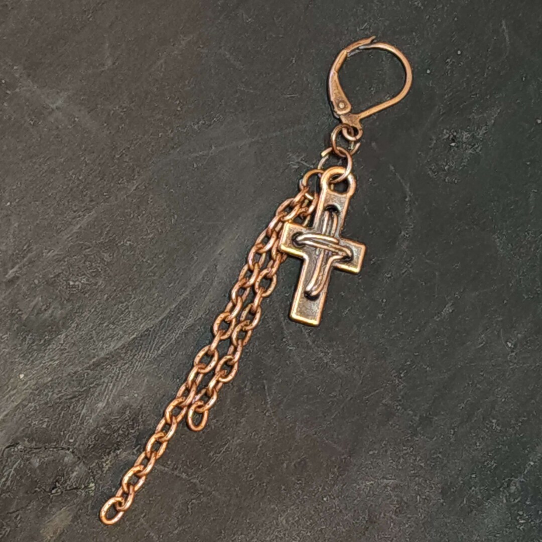 Mens Long Copper Cross Earring With Chains, Mens Dangle Earring, Men ...