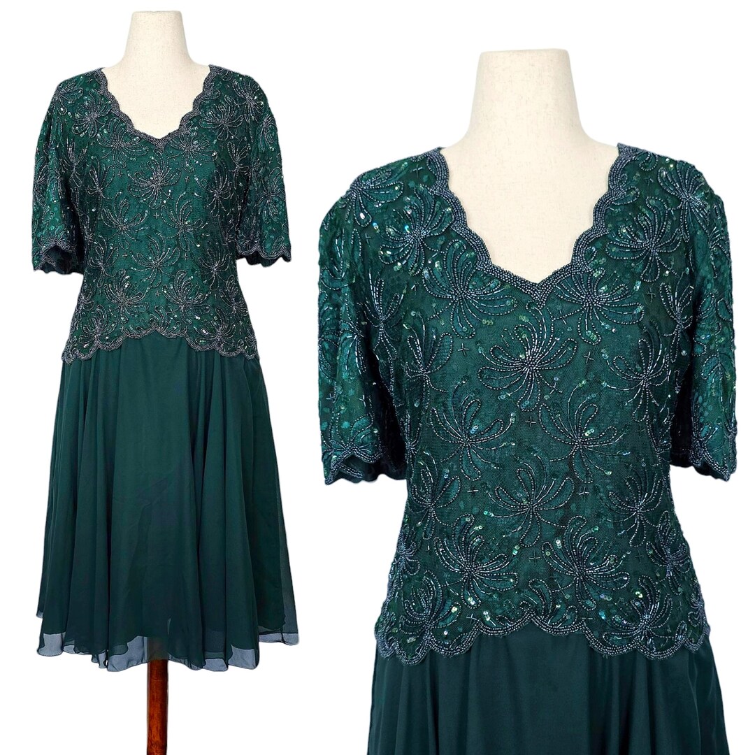 1980s Vintage Dress | 80s Forest Green Midi Dress With Sequin & Bead ...