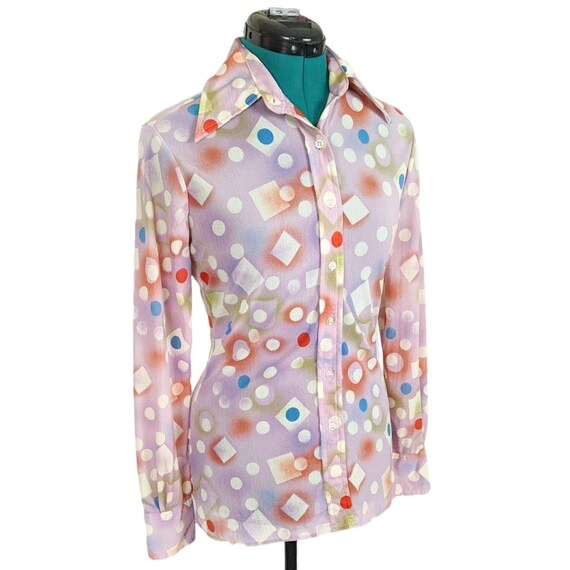 1970s Novelty Print Shirt 70s Vintage Polka Dot Blous… - Gem