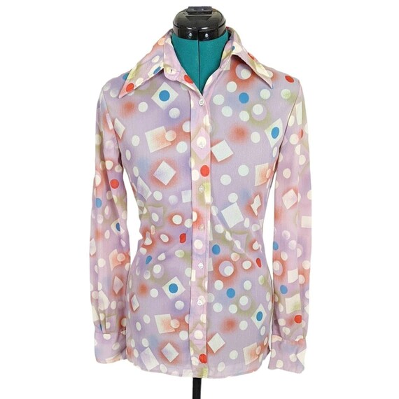 1970s Novelty Print Shirt 70s Vintage Polka Dot Blous… - Gem