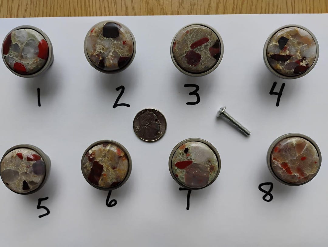Puddingstone Pudding Stone Cabinet Knobs With Silver Colored Hardware ...