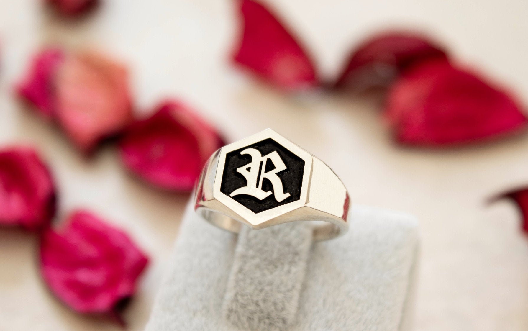 Custom Signet Ring Hexagon Signet Ring Old English Font - Etsy