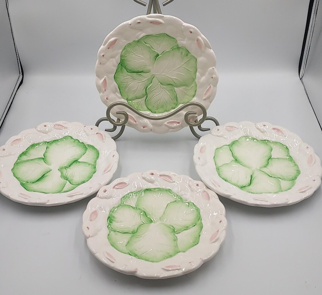 Vintage Bunny & Cabbage Majolica Salad Plates. 1987 Holden Group Rabbit ...